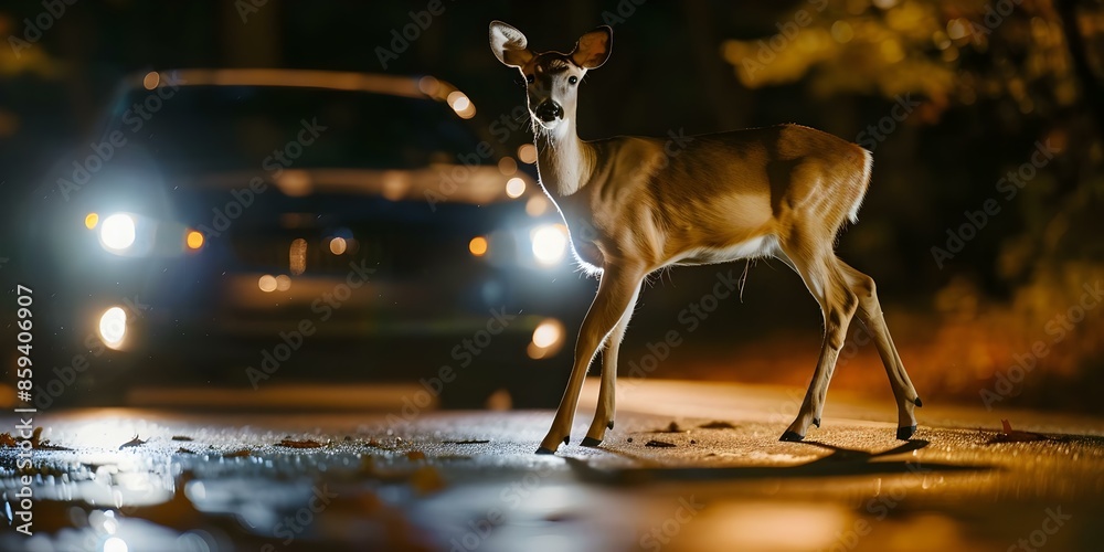 Deer crossing road at night illuminated by car headlights wildlife ...