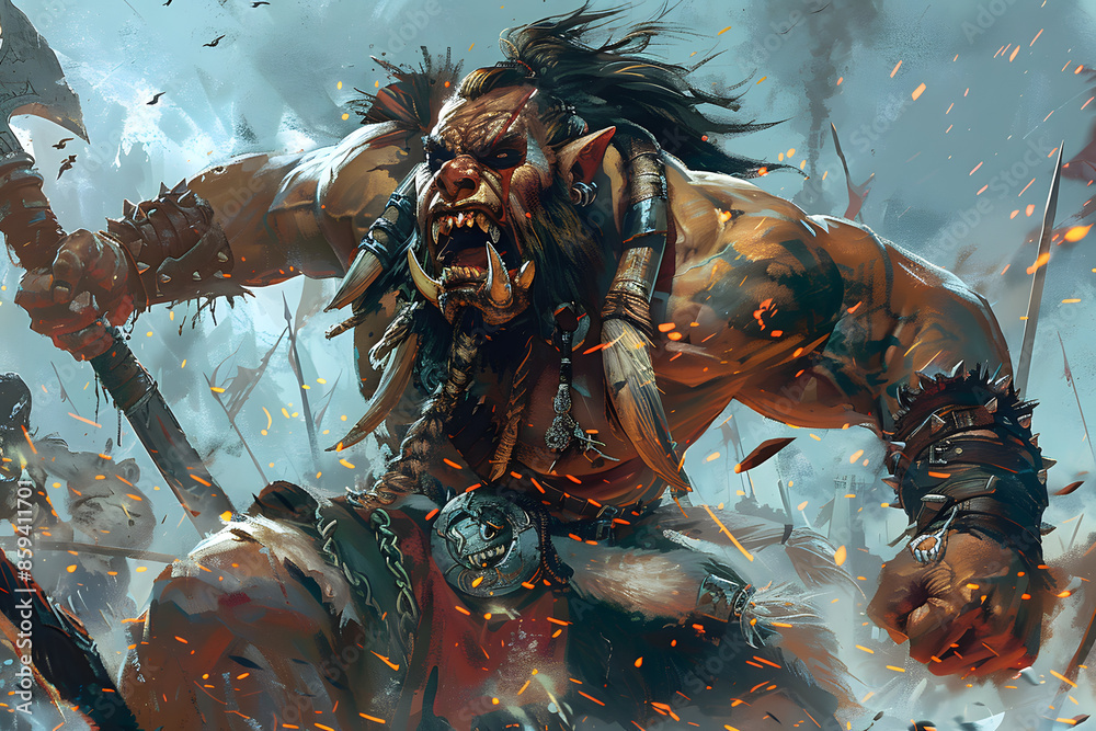 A detailed illustration of a half-orc barbarian roaring in battle fury ...