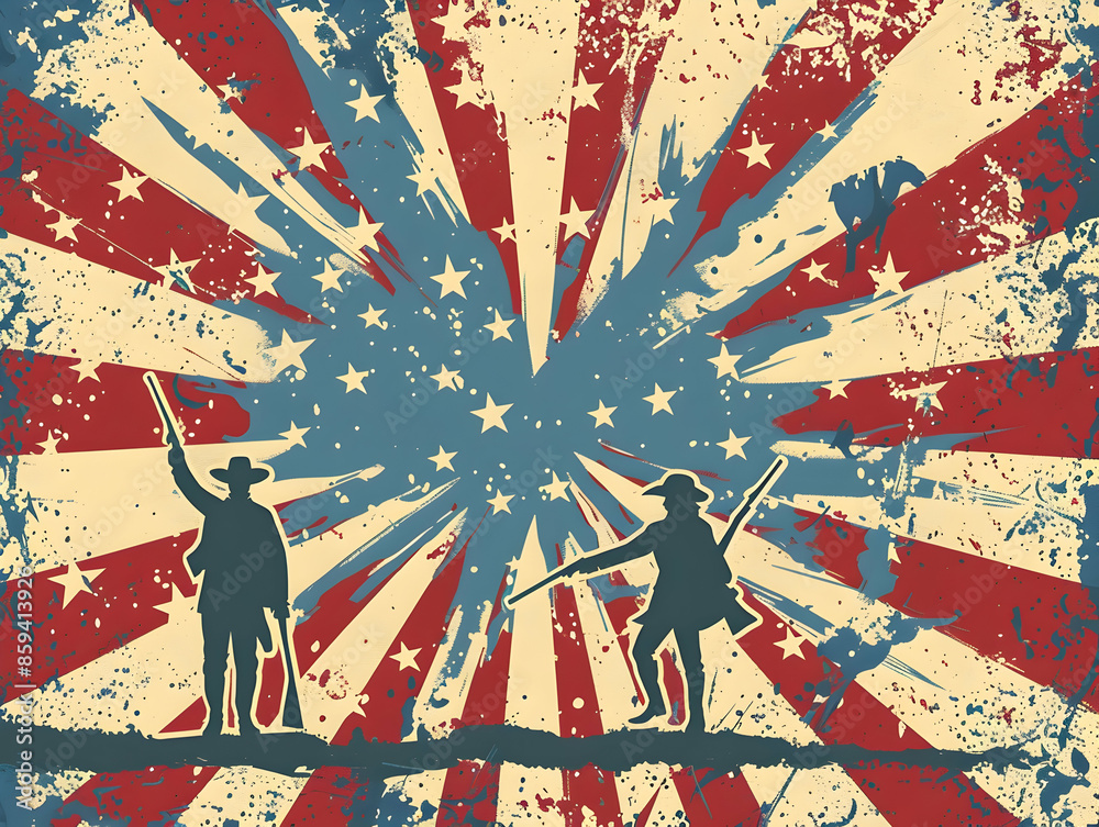 Silhouettes of historical figures with rifles against a distressed ...