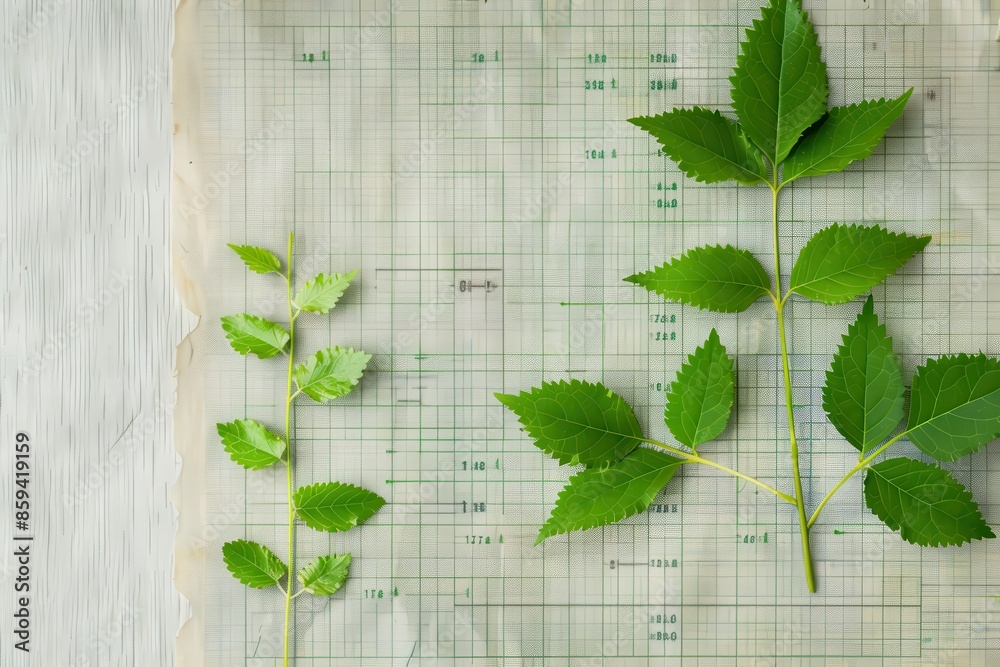 Two green leafy plant stems laid out on a graph paper, showcasing ...