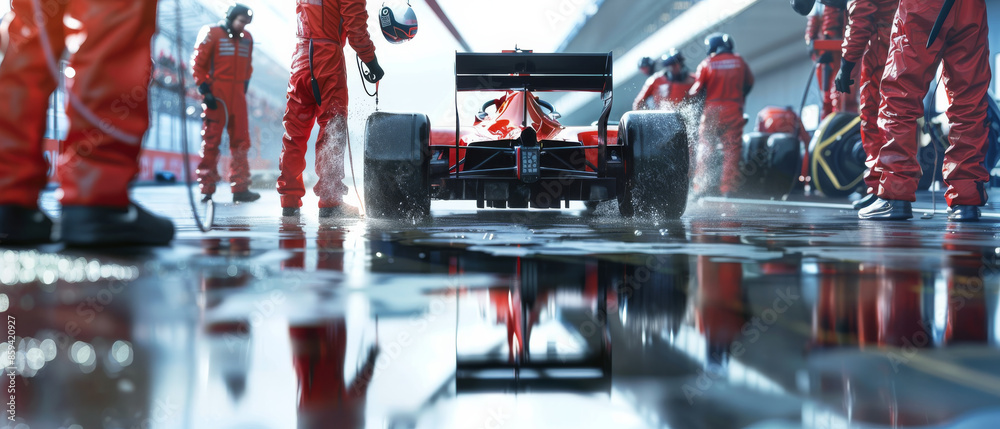 Crew members work briskly on a Formula 1 car in the rain-slicked pit ...