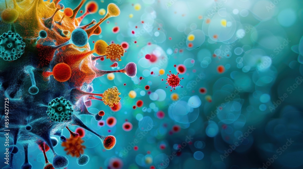 Abstract representation of viruses and bacteria with vibrant colors and ...