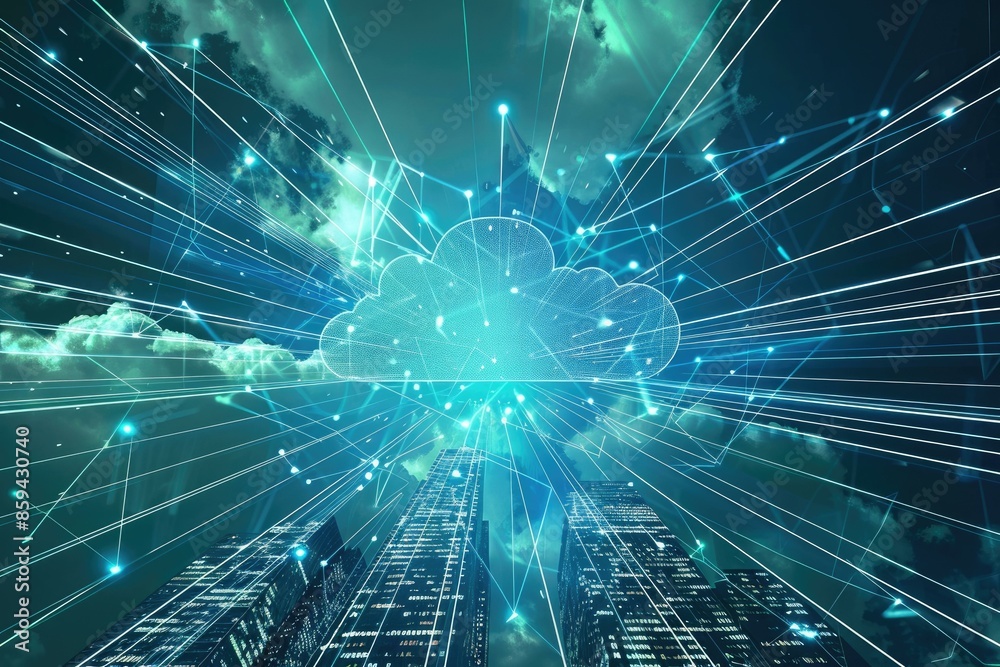 An abstract illustration of cloud computing, featuring a digital cloud formed by glowing dots ...