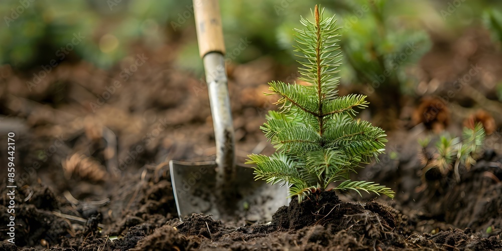 Planting a small spruce tree using a large shovel in coniferous garden ...