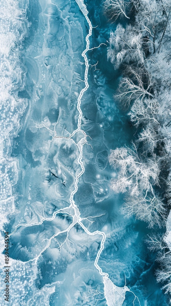 An aerial view shows a frozen river adorned with cracked ice patterns ...