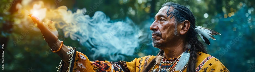 A mystical shaman in traditional attire performing a ritual in a forest ...