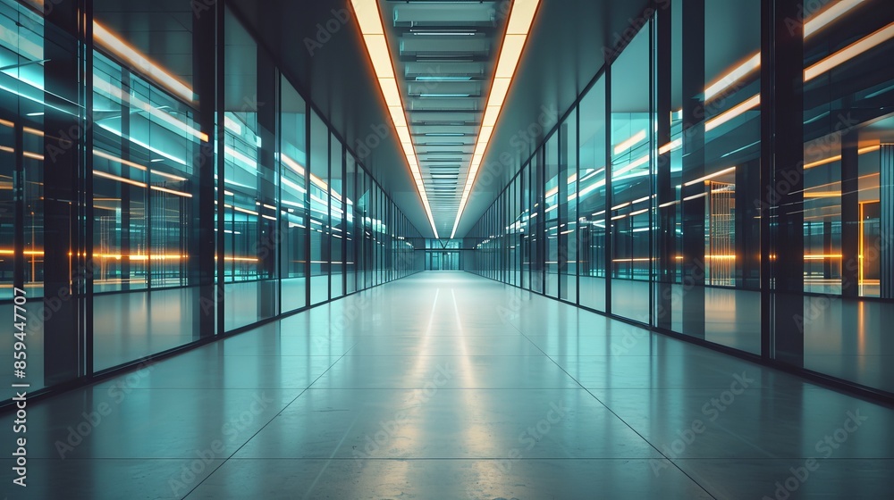 symmetrical wide shot a long corridor in an empty modern open office ...