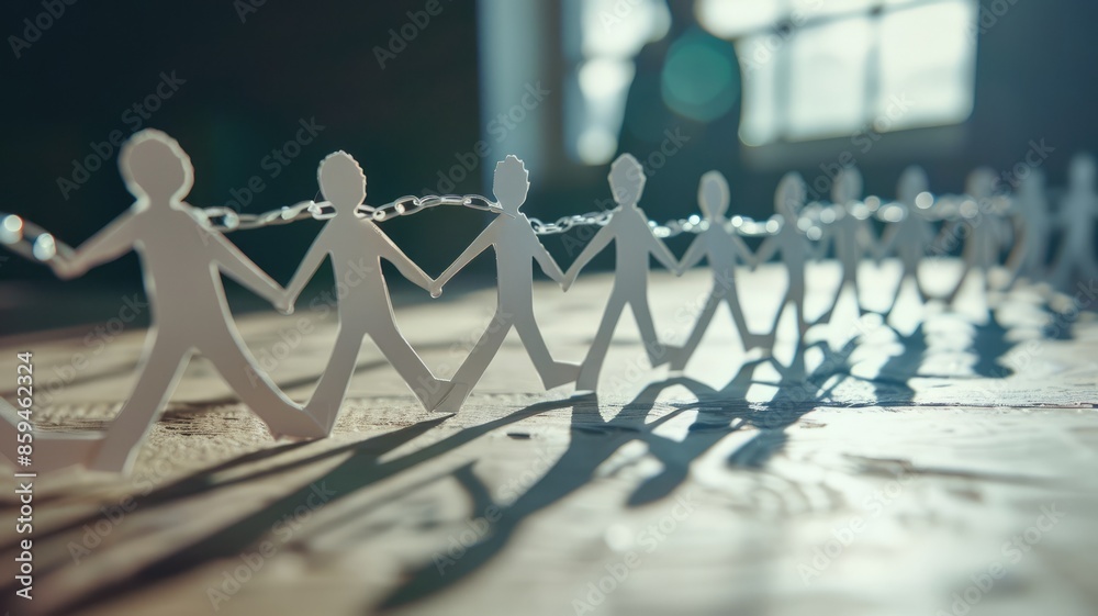 Paper cutouts of children holding hands in a row. Close up of paper cut people holding hand ...