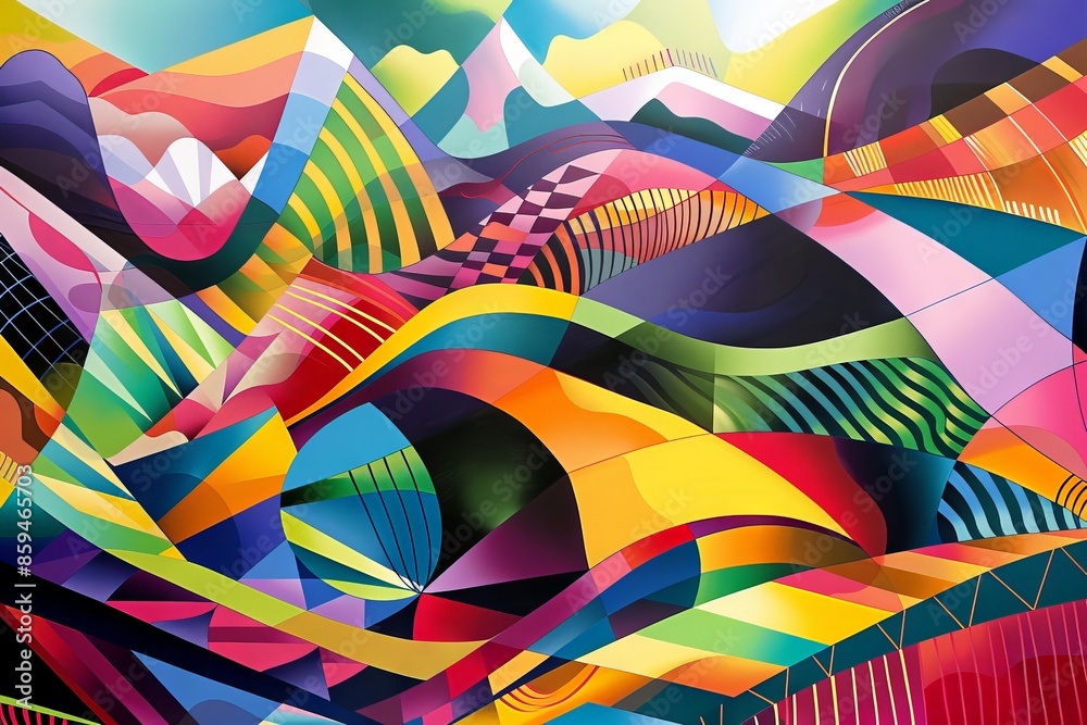 An abstract landscape featuring vibrant colors and geometric shapes ...