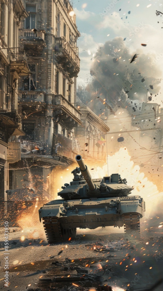 A photorealistic depiction of an Military tank M1 Abrams engaged in a ...