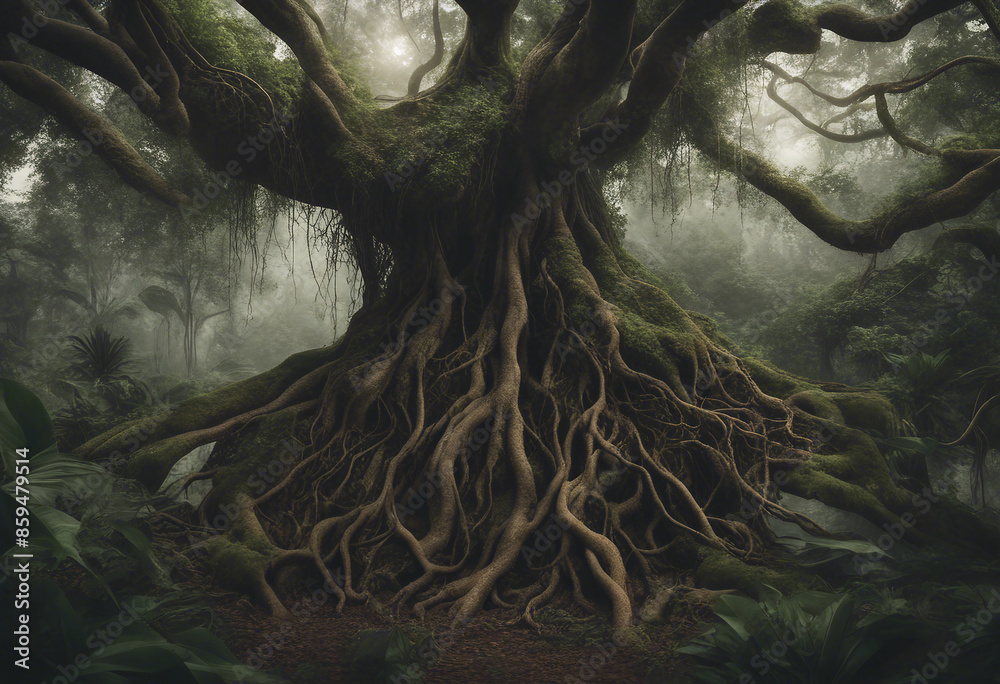 A detailed jungle tree with extensive roots and vines isolated on ...