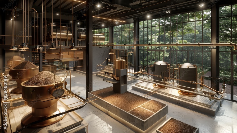 Contemporary eco-friendly coffee roasting factory, clean and advanced ...