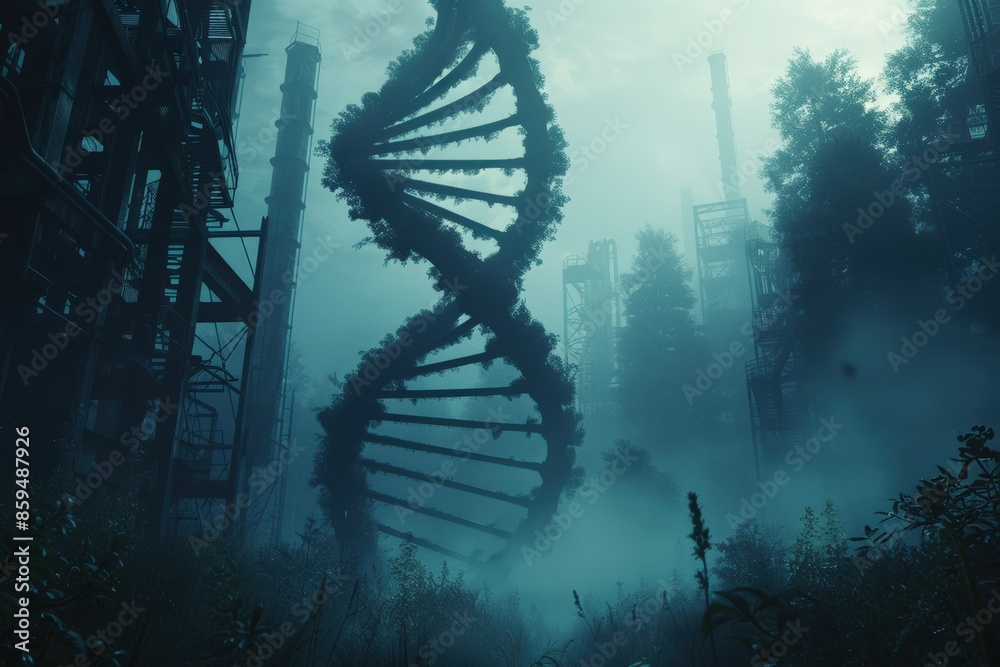 Foto de Surreal scene of a giant DNA structure amidst fog and ...