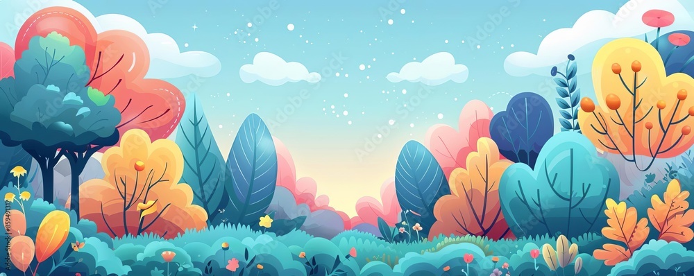 Charming whimsical cartoon landscape of a colorful forest with varied ...