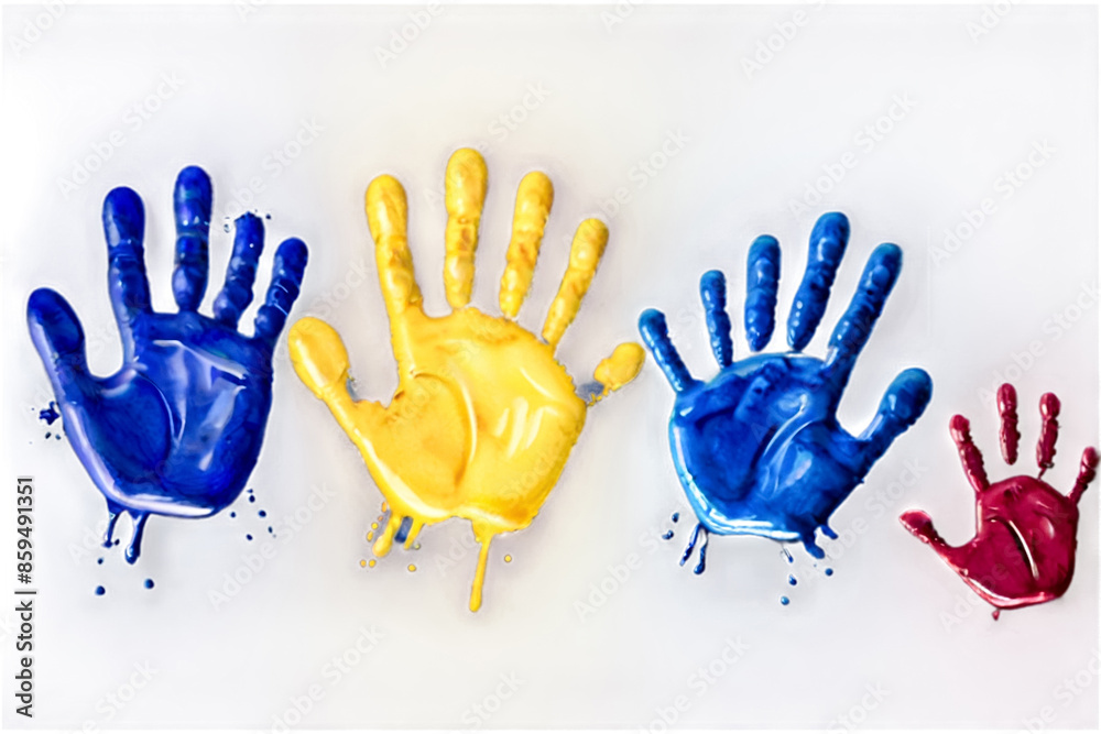 Baby handprint with watercolor on white wall background. Works of child ...