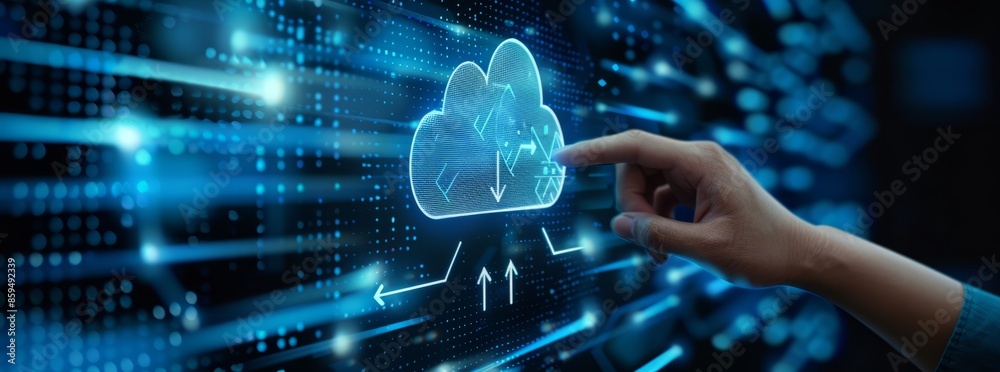 Merchants touch virtual screens with cloud technology and digital data ...