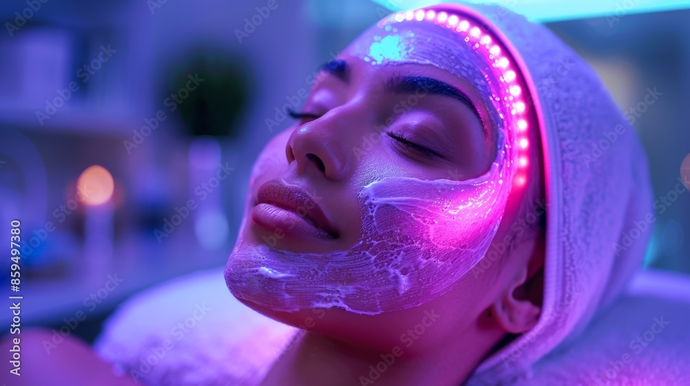 The image shows a person relaxing during an LED facial therapy session ...