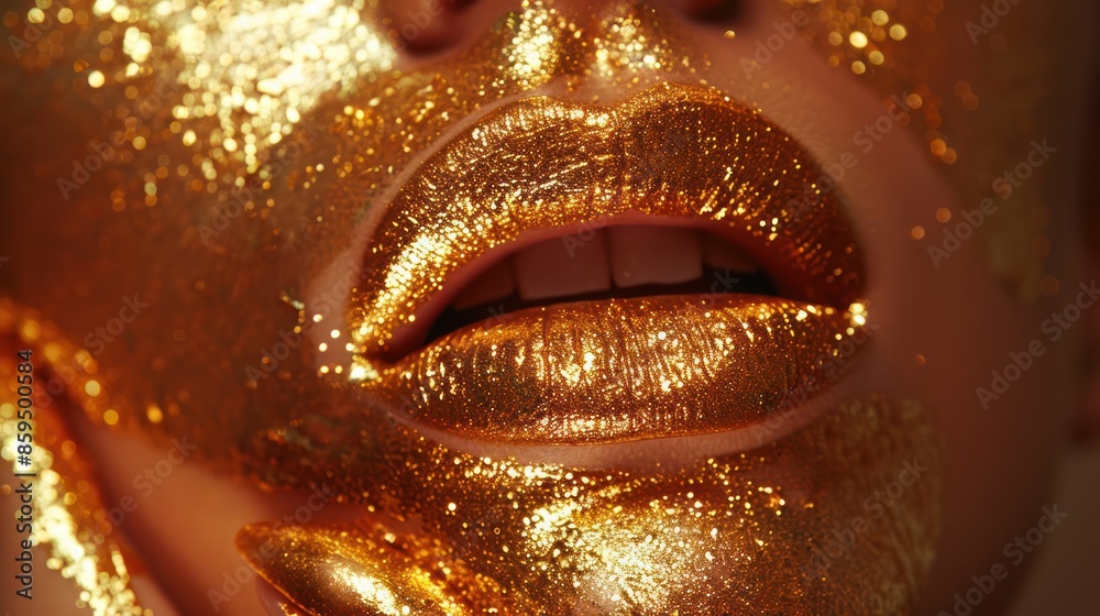 Gilded Beauty: Luxurious Golden Makeup Dripping on Model's Lips, Nails ...