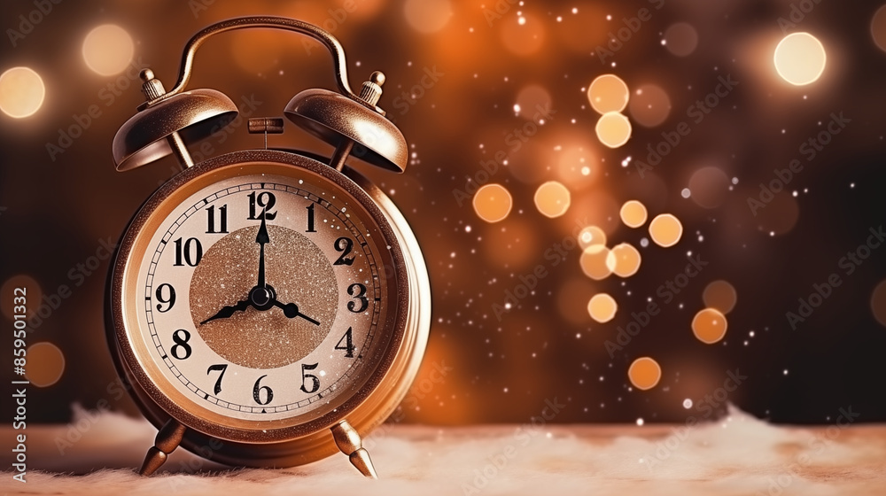 Vintage Alarm Clock at Midnight, New Year's Eve, Festive Bokeh ...