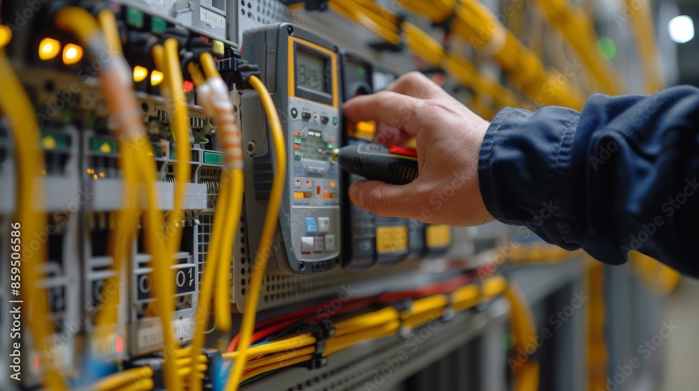 An electrician uses a multimeter to test the wiring and operation of ...