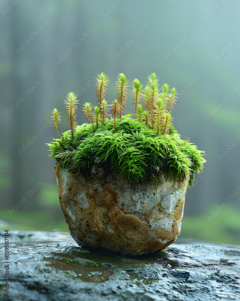 Primeval club moss with scaly stems and spore cones in a moss-covered ...