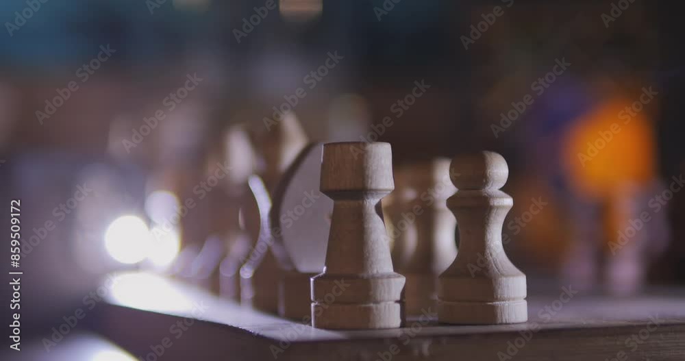 Wooden chess pieces aligned and captured in closeup photo, emphasizing ...