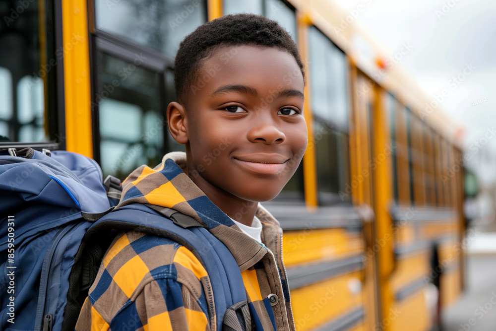 African American teenage boy Student standing next to School Bus ...