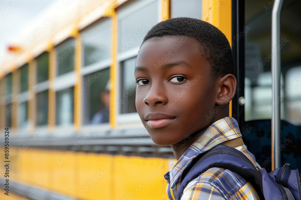 African American teenage boy Student standing next to School Bus Stock ...
