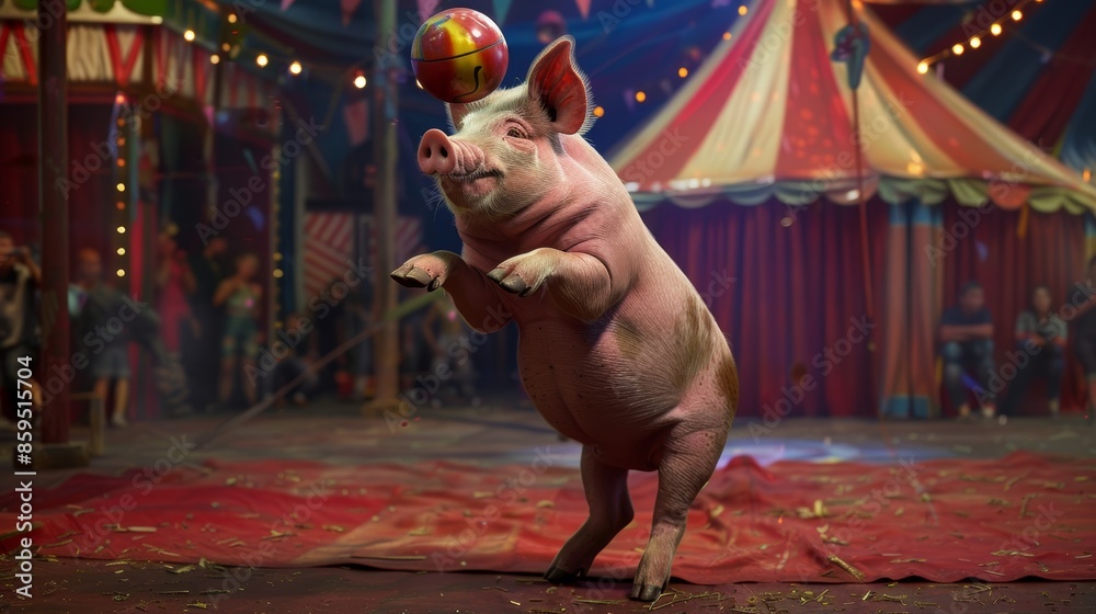 Circus Pig Balancing Act - Cute Pig Performing in Vibrant Circus Tent ...