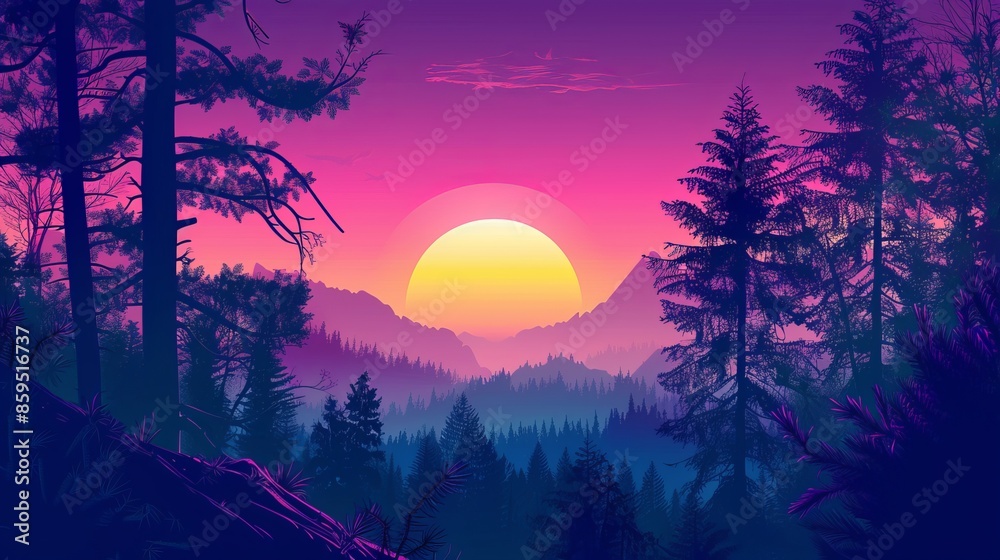 Beautiful forest landscape with a sunset synthwave style | Ai Generated ...