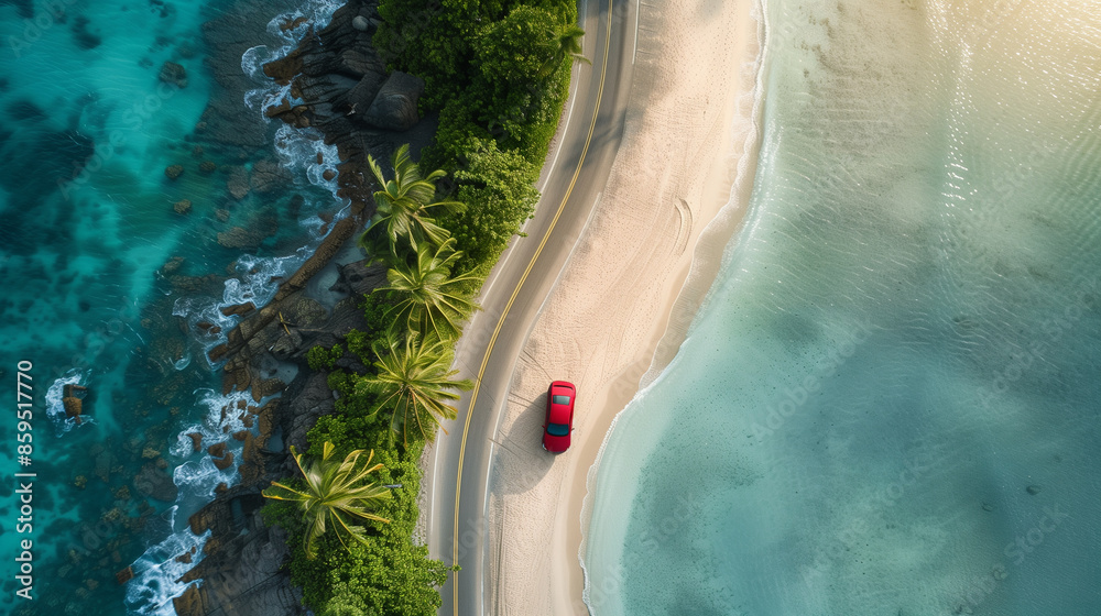 Aerial view of a car driving on a beach road, with a tropical island ...