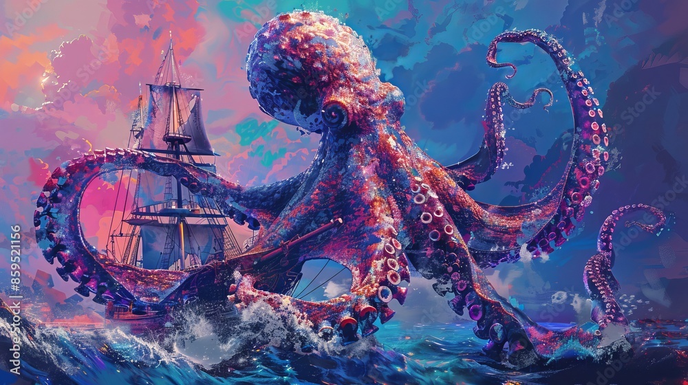Multichromatic synthwave painting of agargantuan octopus over asunken ...