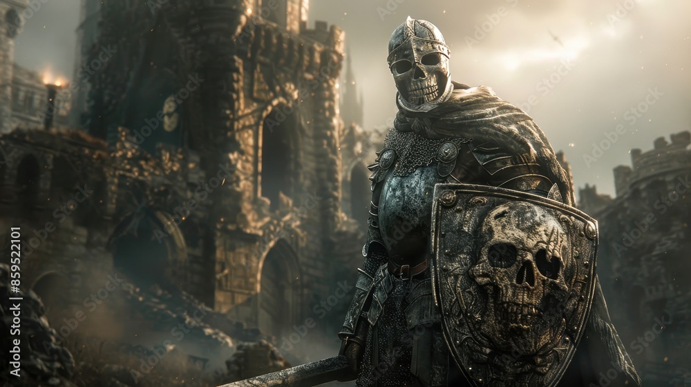 Medieval knight in armor with a detailed shield stands in front of a ...