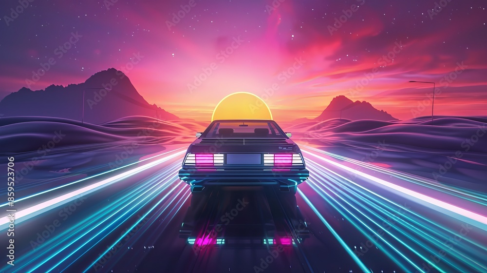 Retro car driving on a neon-lit road towards a sunset in a futuristic ...