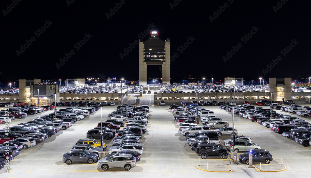 Exterior view of massive parking structure and the historic air traffic ...