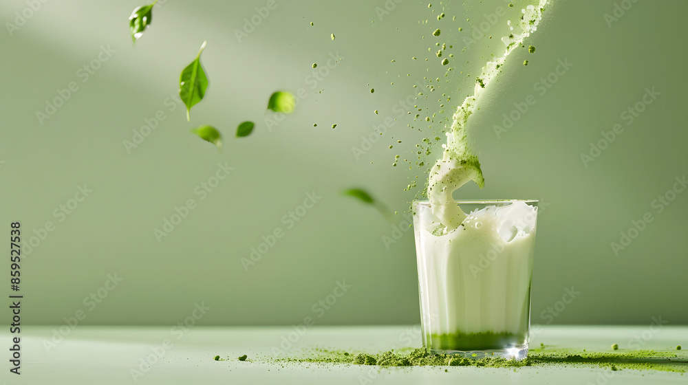 Matcha powder falling into a glass of milk Zenlike green background ...