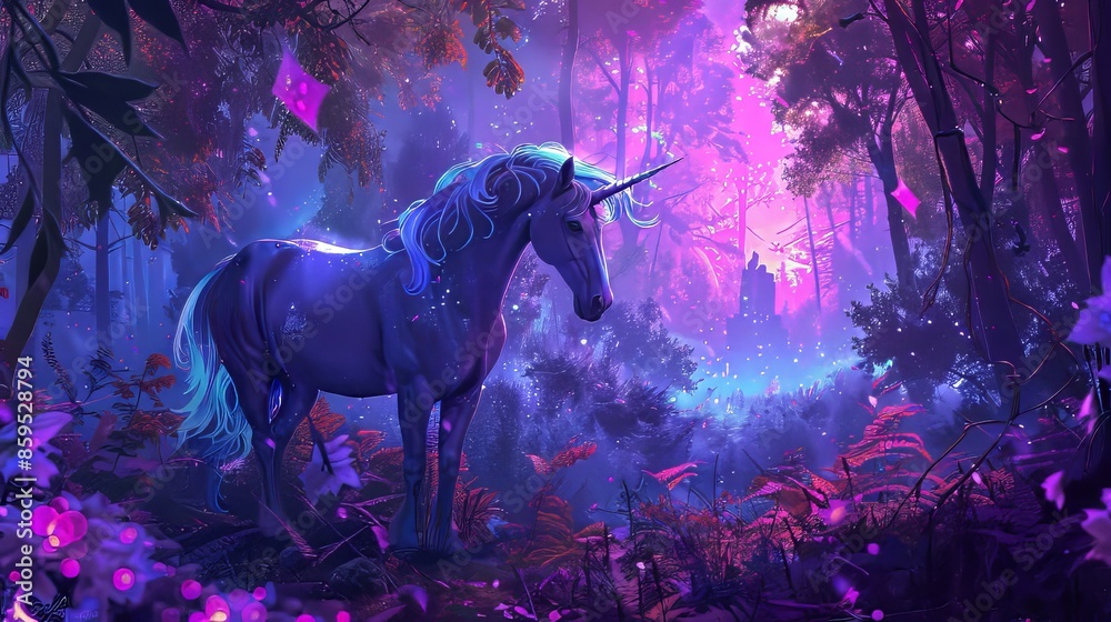 Multichromatic synthwave painting of aunicorn over amystical forest its ...