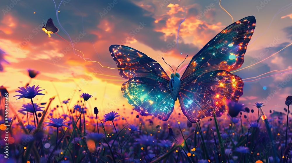 Multichromatic synthwave painting of acelestial butterfly over ...