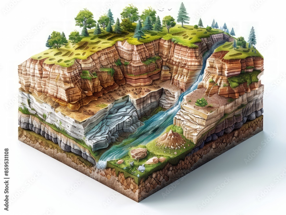 the process of soil formation, showing weathering of rock, organic ...