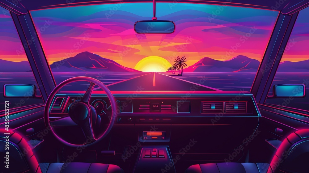 An 80s retro illustration of a car driving with a sunset view, exuding ...