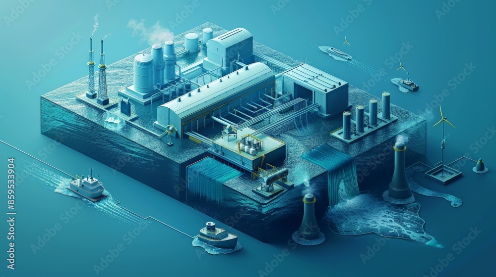 the process of tidal energy generation, showing tidal turbines ...