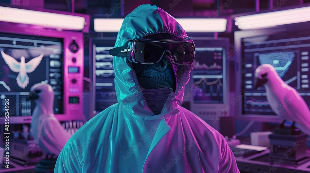 Falcon in Lab Coat and Glasses Stylized Sci-Fi Portrait. synthwave ...