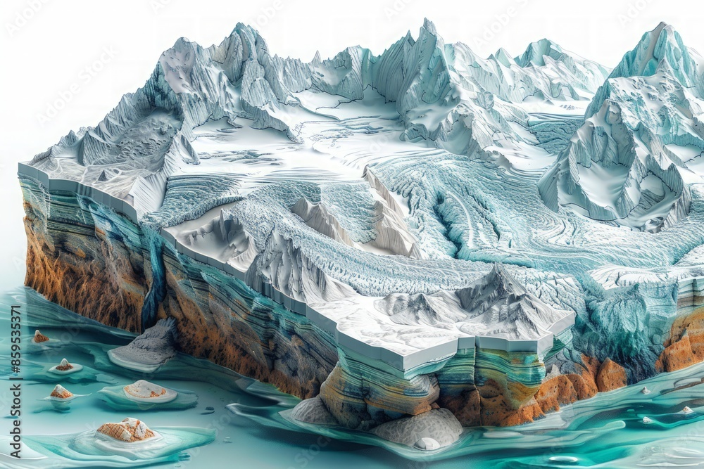 the process of glacial melting, showing temperature rise, ice cap ...
