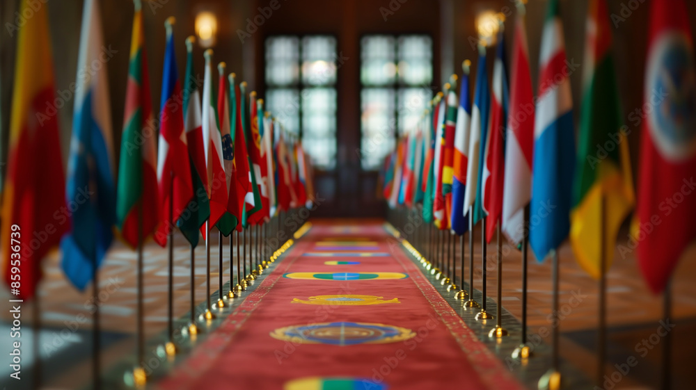 United Nations Day with flags of member countries and symbols of global ...