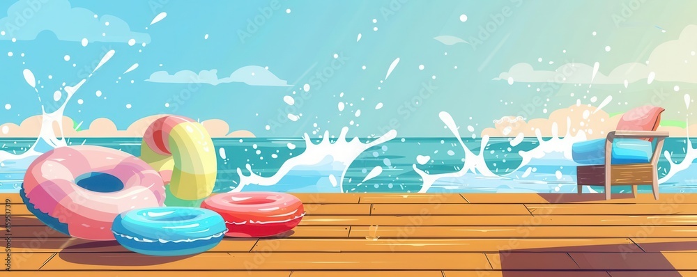Swimsuit and floaties on a deck with water splashing in the background ...
