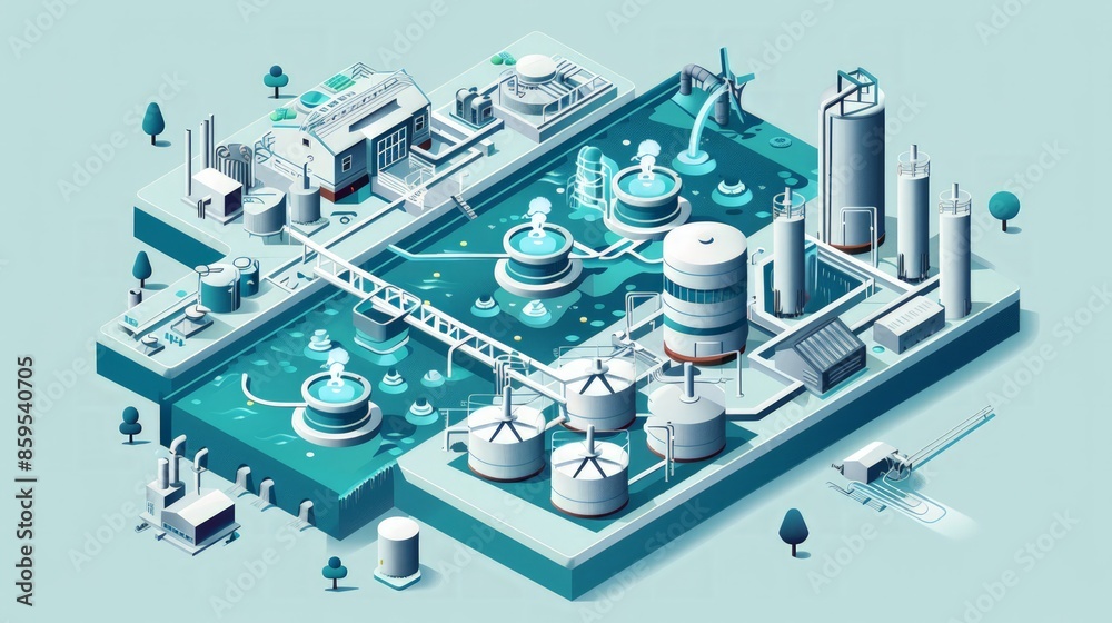 the process of water desalination, showing seawater intake, filtration ...