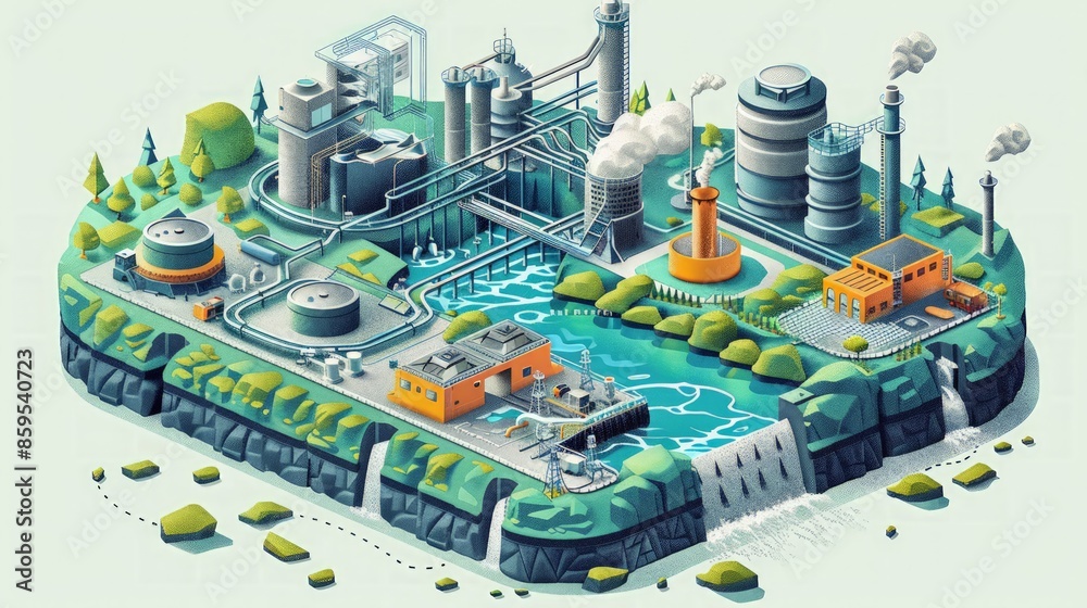 the process of water desalination, showing seawater intake, filtration ...