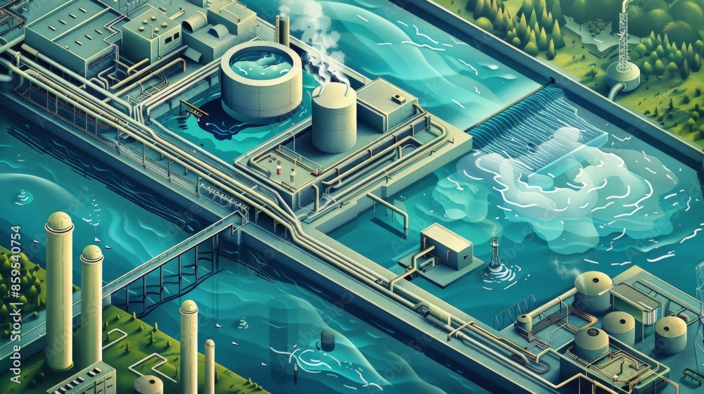the process of water desalination, showing seawater intake, filtration ...