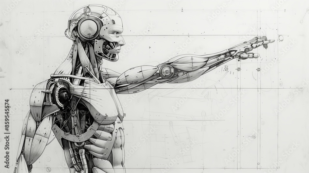 Intricate Technical Blueprint of a Humanoid Robot with Detailed ...