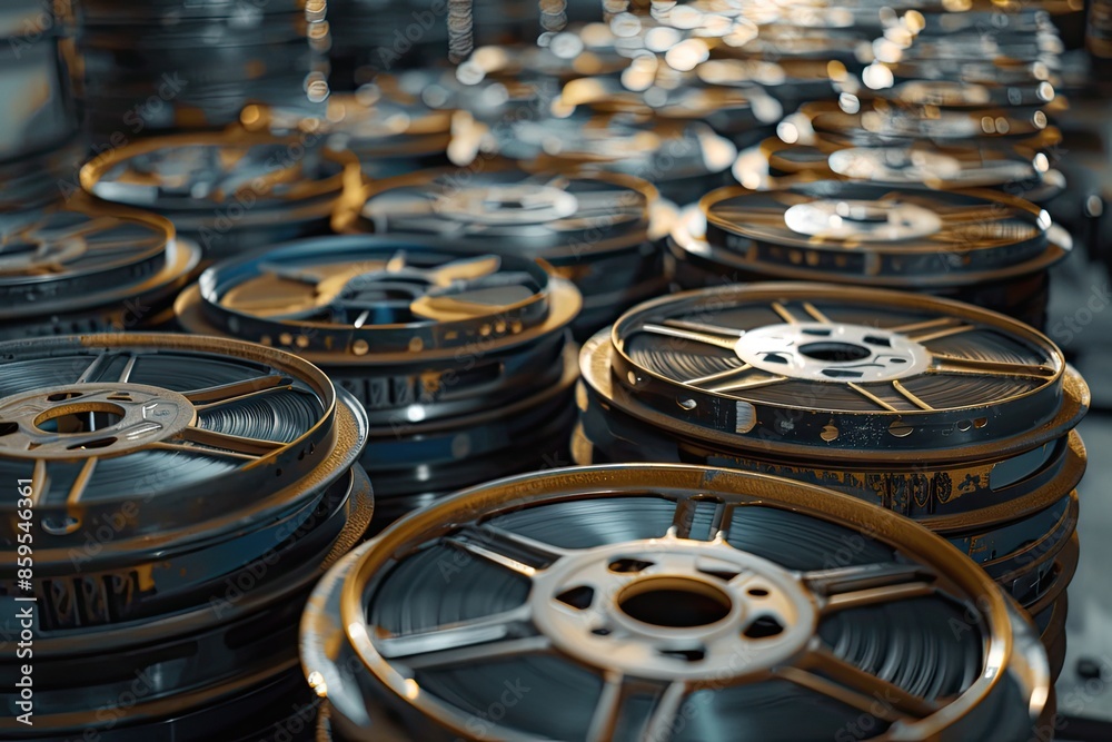 ภาพประกอบสต็อก A pile of old film reels with a vintage look. The film ...